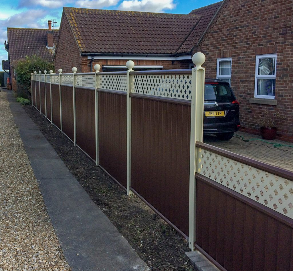 Brown Fence With Ball Caps, Cream Posts & Trellis | ColourFence