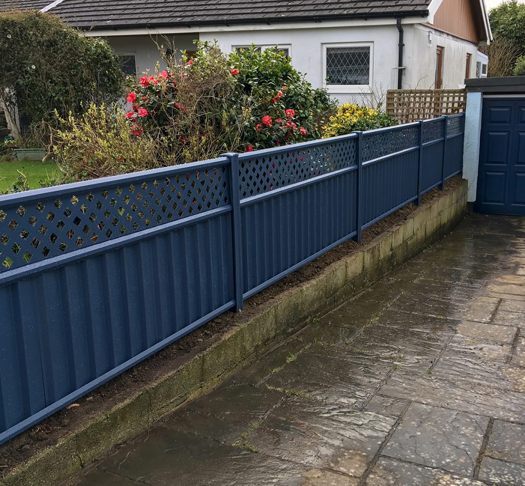 Blue Metal Fence with Trellis & Flat Caps | ColourFence