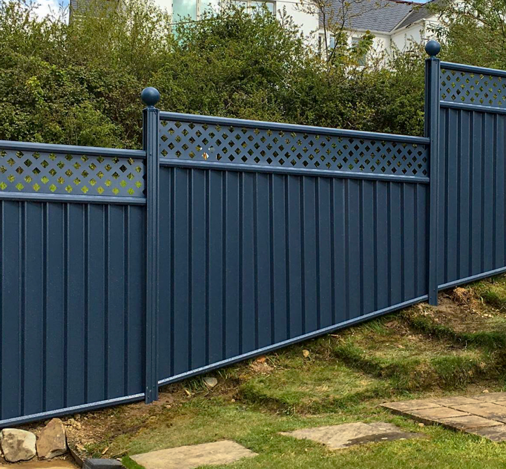 Blue Metal Fence with Trellis & Ball Caps | ColourFence
