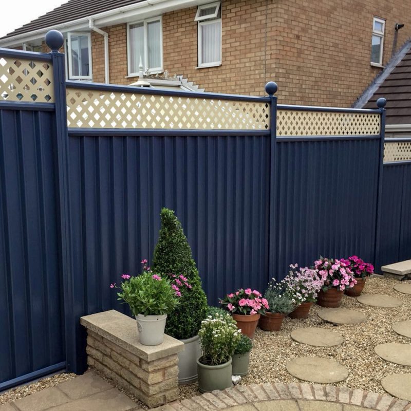 Blue Metal Fence with Cream Trellis & Ball Caps | ColourFence