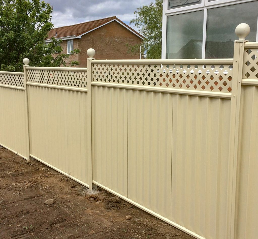 Cream Metal Fence with Trellis & Ball Caps | ColourFence