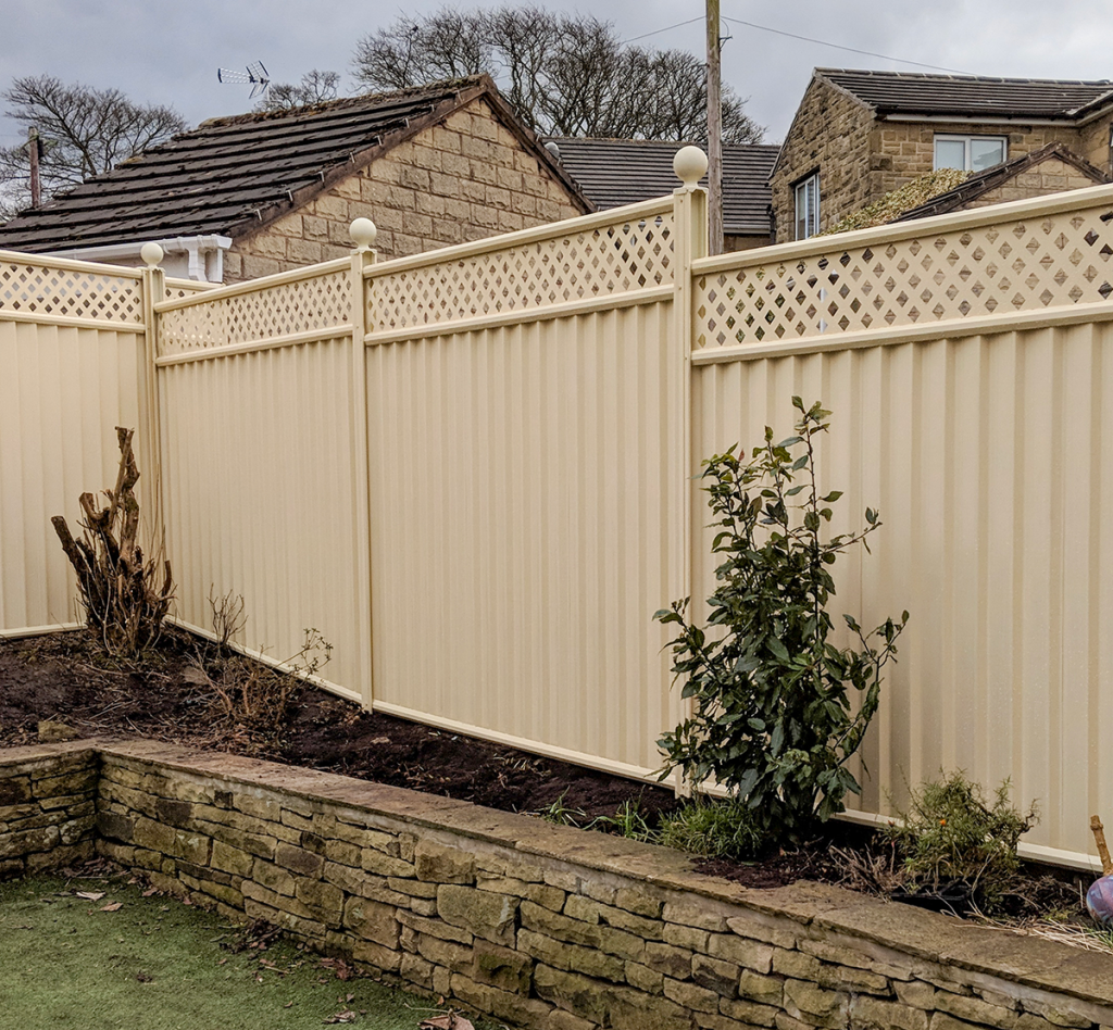 Cream Metal Fence with Trellis & Ball Caps | ColourFence