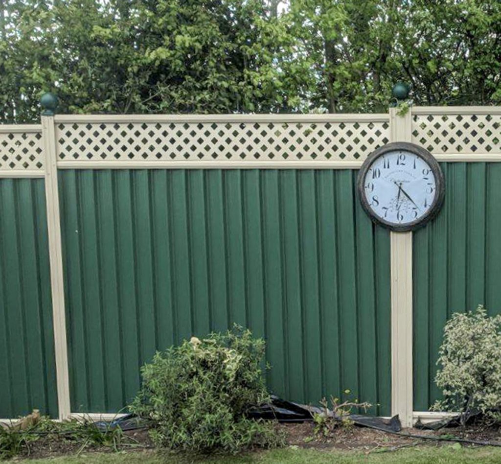 Green Metal Fence with Cream Trellis & Ball Caps | ColourFence